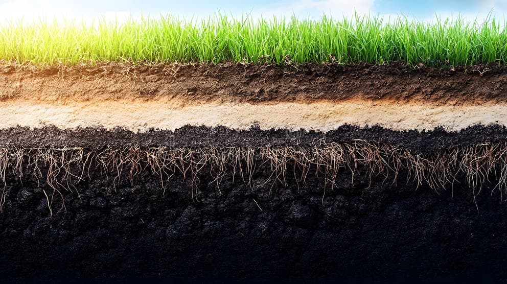 Detailed Cross-Section of Soil Layers with Healthy Green Grass Stock ...