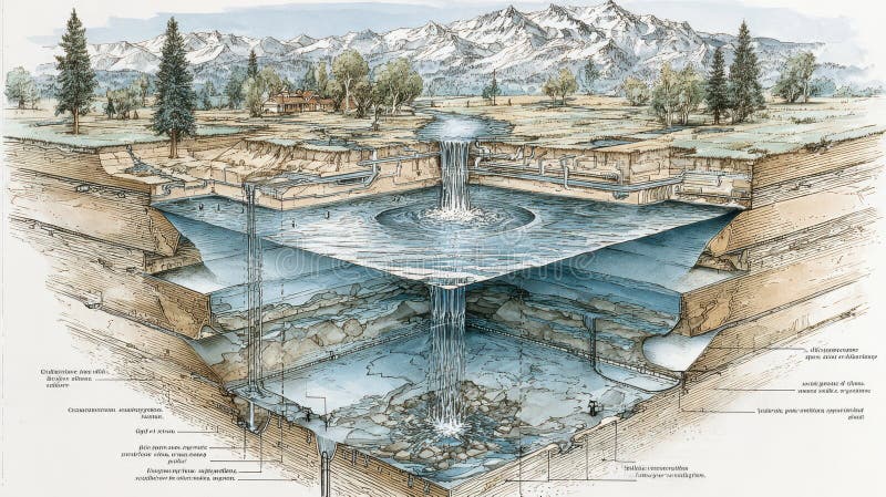 Detailed Cross-Section of a Water Source with Mountain Landscape Stock ...