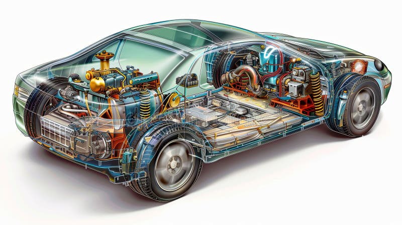 Detailed Cutaway Illustration Exploring Electric Car Engine Components ...