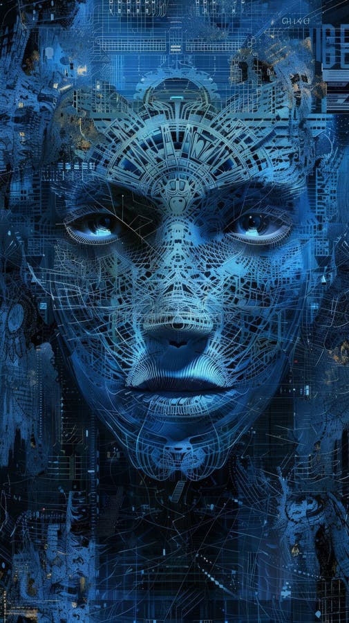 Detailed Cybernetic Face with Intricate Blue Circuitry and Patterns ...