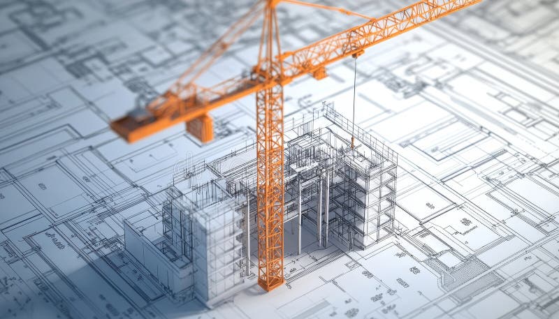 Detailed 3d Blueprint of a Building Construction Site Showcasing Crane ...