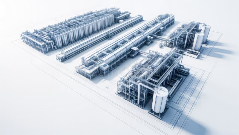 Detailed 3D Blueprint Visualization of an Industrial Facility. for Engineering Presentations ...