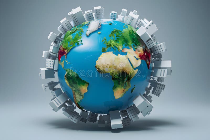Detailed 3D Earth Model Showing Continents, White Urban Structures ...