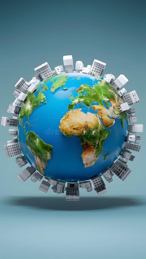 Detailed 3D Earth Model Showing Continents, White Urban Structures ...