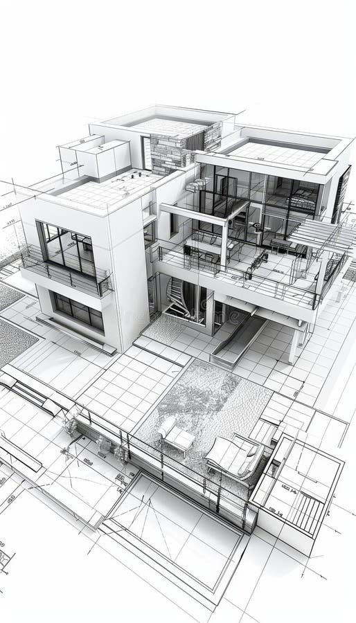 Detailed 3d House Plan with Construction Drawings and Perspective View ...