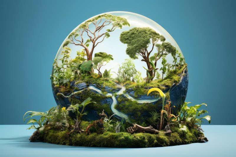 Miniature Ecosystem Sphere on Blue Background Stock Image - Image of ...