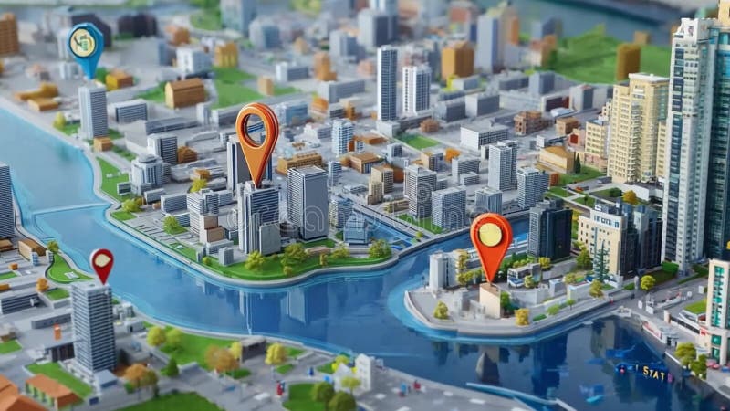 3D Map Representation of a City with Navigation Markers Along a River ...