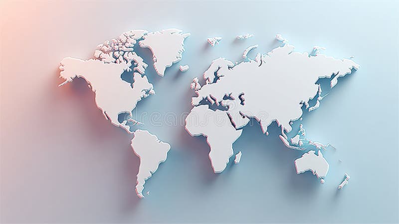 Detailed 3D Map of World Continents, White Relief on Soft Pastel Background, Earth View Stock ...