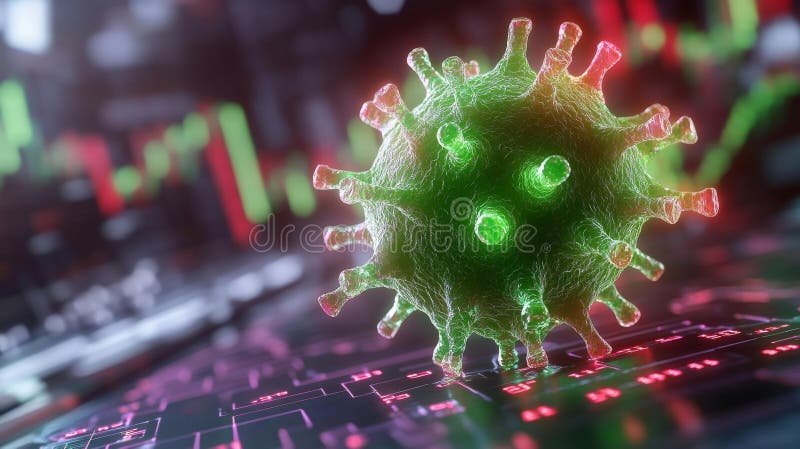 Detailed 3D Model of a Green Virus on Technological Background Stock ...