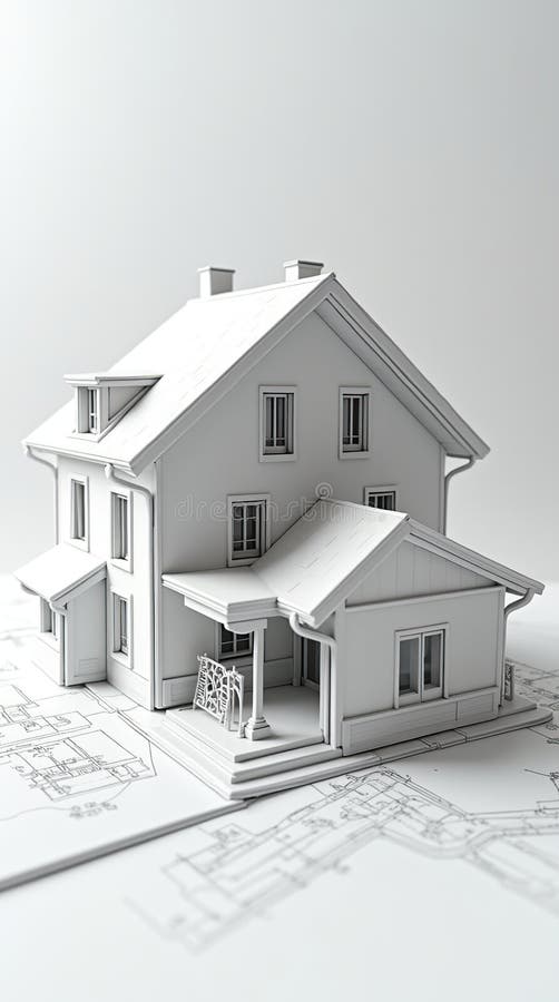 3D Model House with Architectural Blueprint Background Stock ...