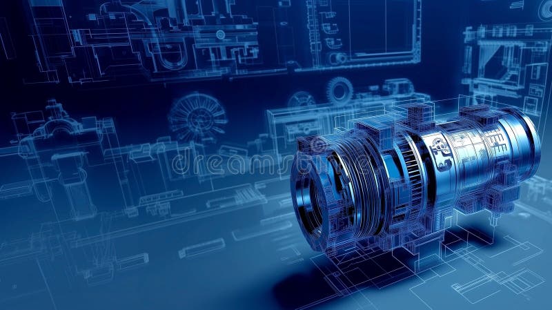 3D Rendering of a Mechanical Component Surrounded by Technical Diagrams ...