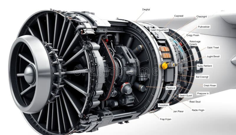 Detailed 3D Render of Exposed Aircraft Engine Components with Labeled ...
