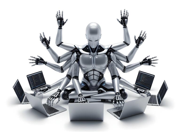 White Humanoid Robot with Multiple Arms Holding and Typing on Laptops ...