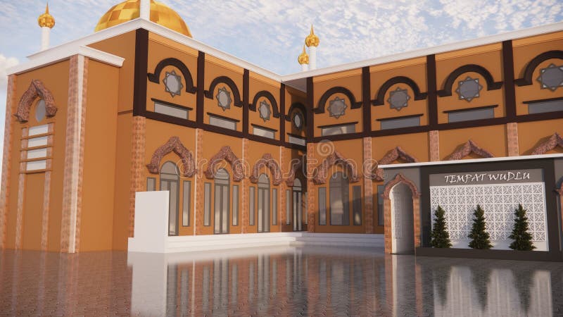 3D Render of a Mosque with Golden Dome and Wudu Area in Traditional ...