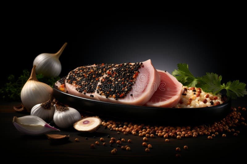 Detailed 3d Render of Sliced Ham with Garlic Bulb and Peppercorns in ...