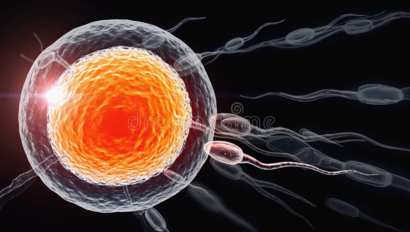 A Detailed 3D-rendered Image of Sperm Cells Approaching an Egg Cell in ...