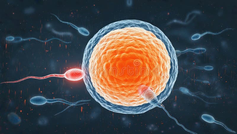 A Detailed 3D-rendered Image of Sperm Cells Approaching an Egg Cell in ...