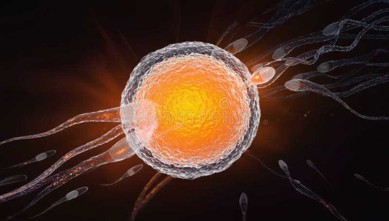 A Detailed 3D-rendered Image of Sperm Cells Approaching an Egg Cell in ...