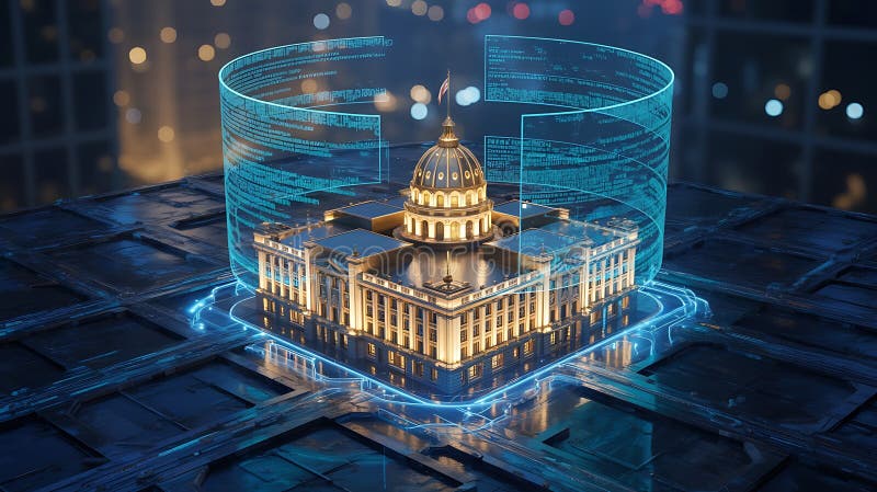 Futuristic Government Building with Digital Data Shield Stock ...