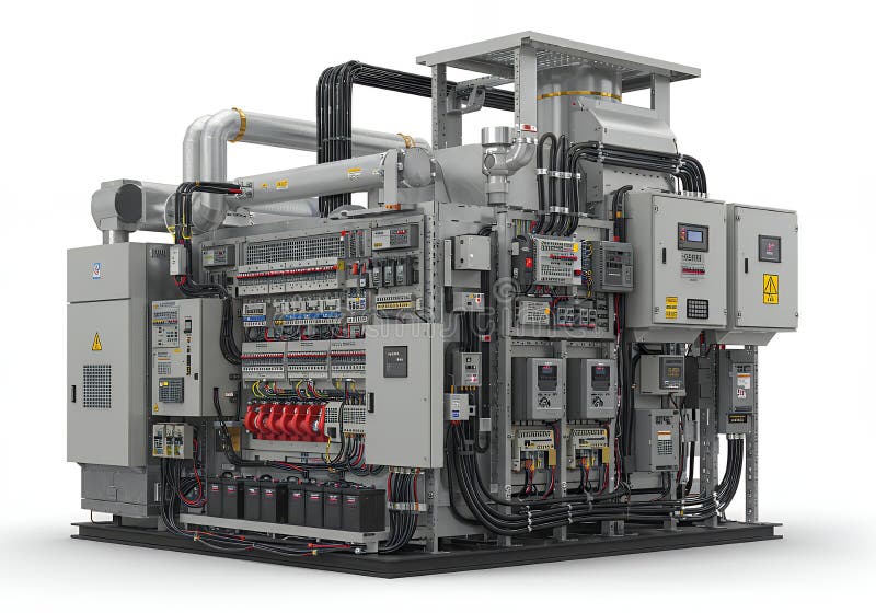 Detailed 3D Rendering of Complex Electrical System on White Background ...