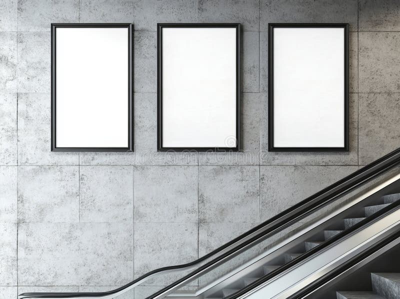 Detailed 3D Rendering of an Escalator Side-by-side with Three Blank ...