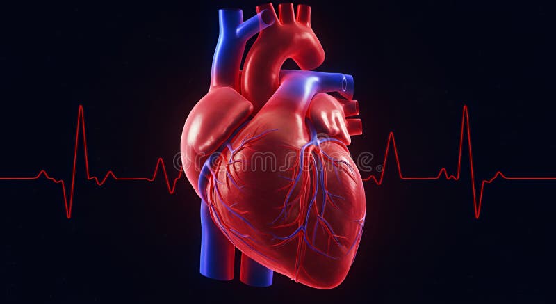 Detailed 3D Render of Human Heart with EKG Line, Red and Blue Color ...