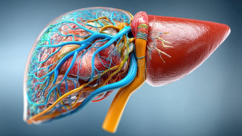 Detailed 3D Rendering of a Human Liver with Highlighted Veins and ...