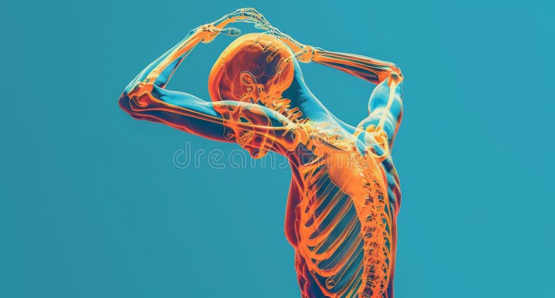 3D Rendering of a Human Skeleton Stretching with a Transparent Body ...