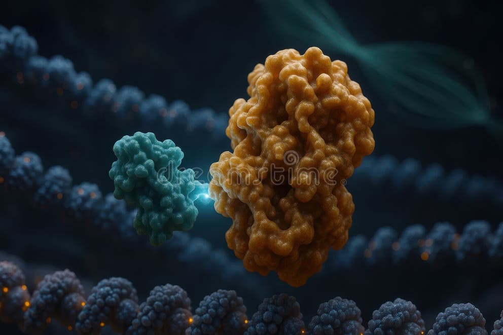 A Detailed 3D Rendering of Protein Molecules Interacting within a ...