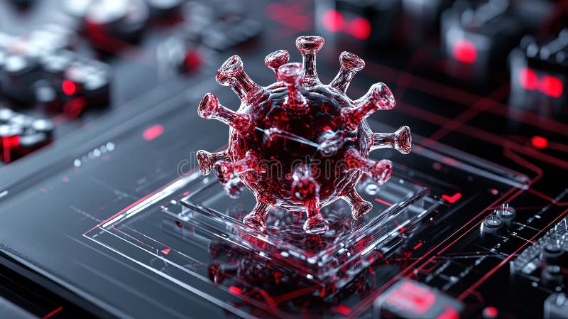 A Detailed 3D Rendering of a Virus Particle on a Futuristic Digital ...