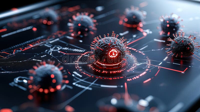 A Detailed 3D Rendering of a Virus Particle on a Futuristic Digital ...