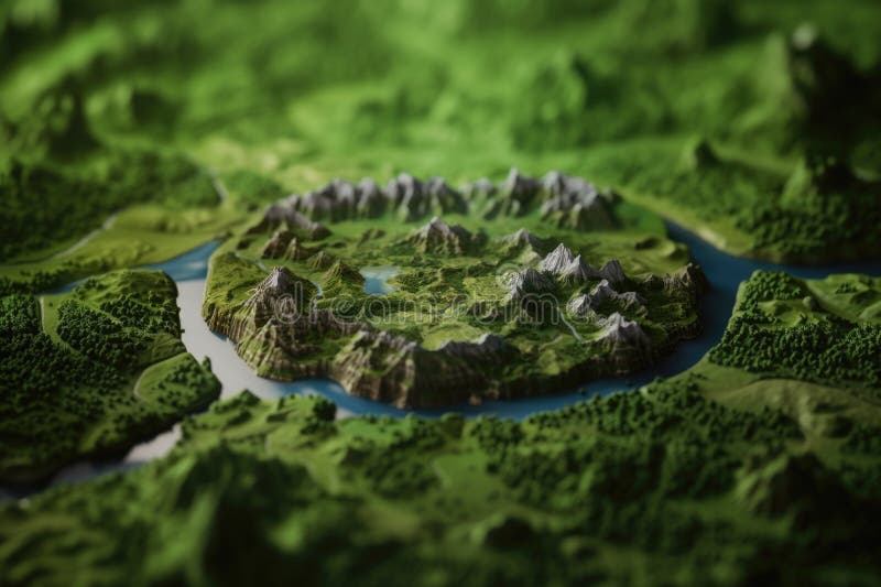 Detailed 3D Topographical Map of Mountainous Terrain with River and ...