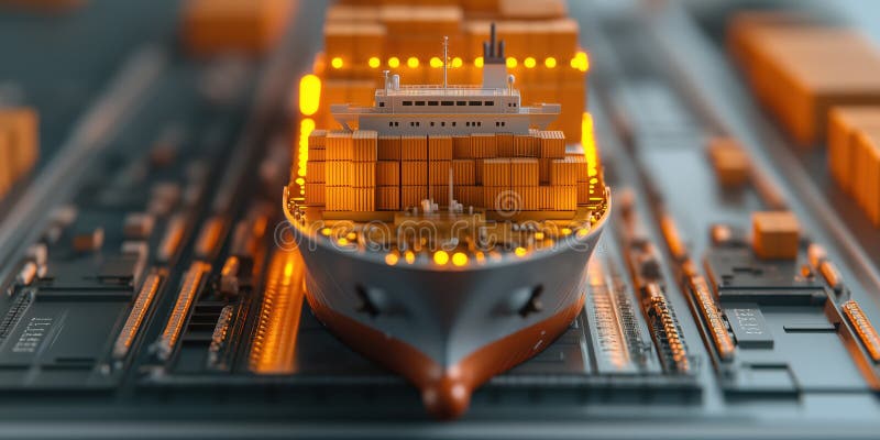 Detailed 3D Visualization of Cargo Ship with Illuminated Containers, Showcasing Modern Shipping ...