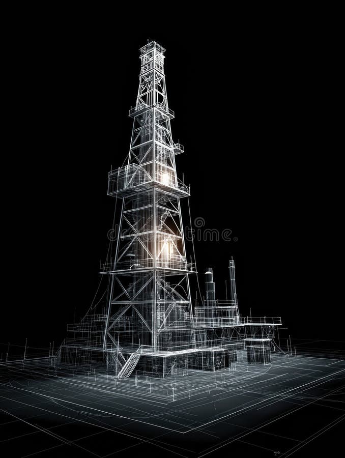 Detailed 3D Wireframe Model Showcasing an Oil Rig Structure Against a ...