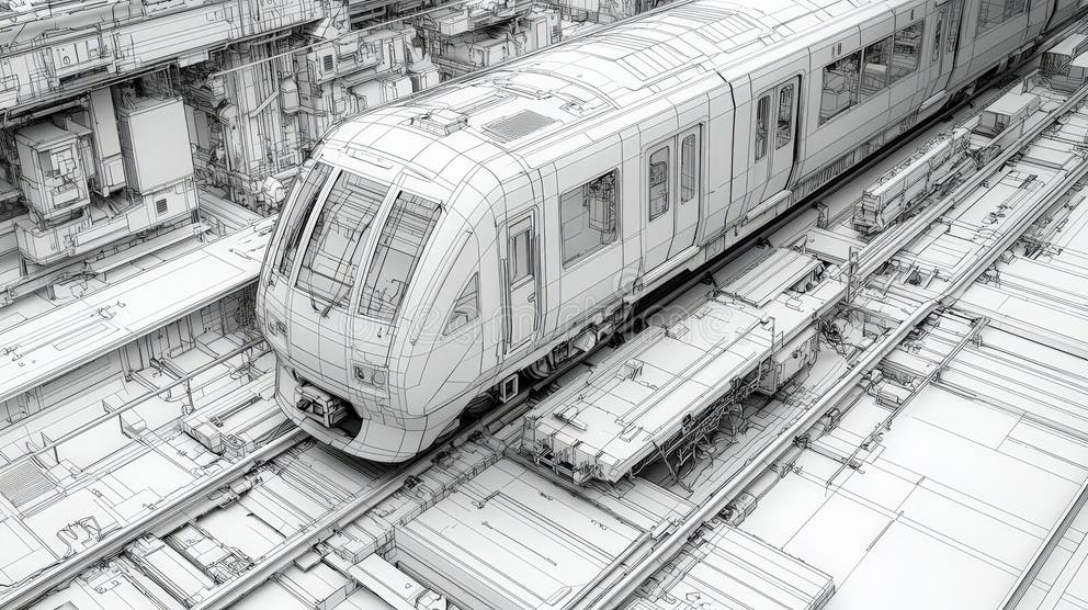 Detailed 3D Wireframe Rendering of a Modern Train in an Urban Rail ...