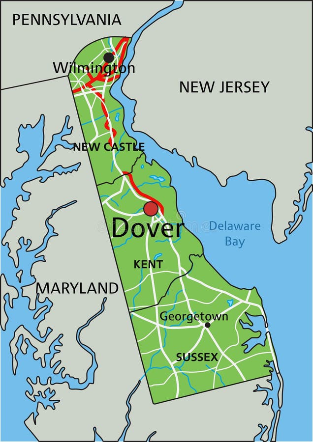 Detailed Delaware Physical Map with Labeling. Stock Vector ...