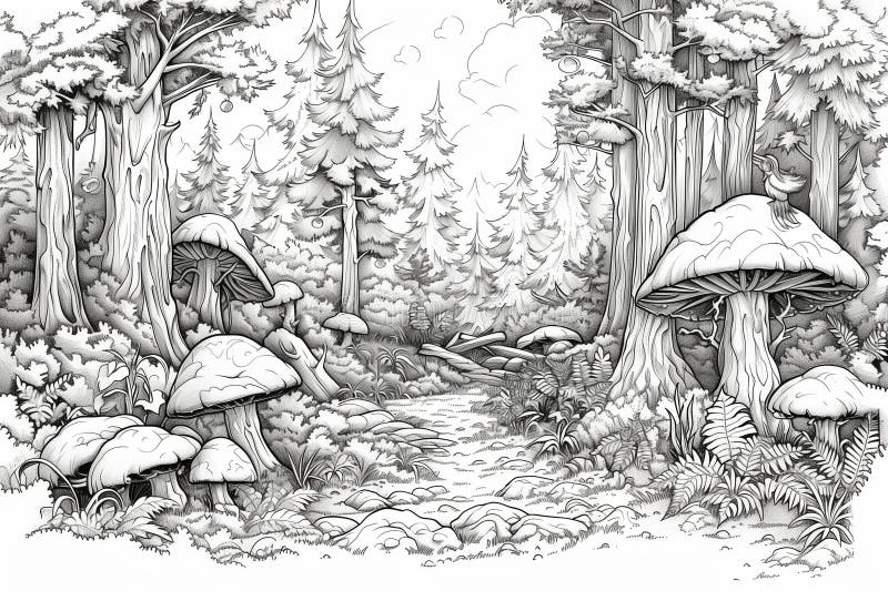 Detailed Depiction of a Black and White Forest in a Drawing Style Stock ...