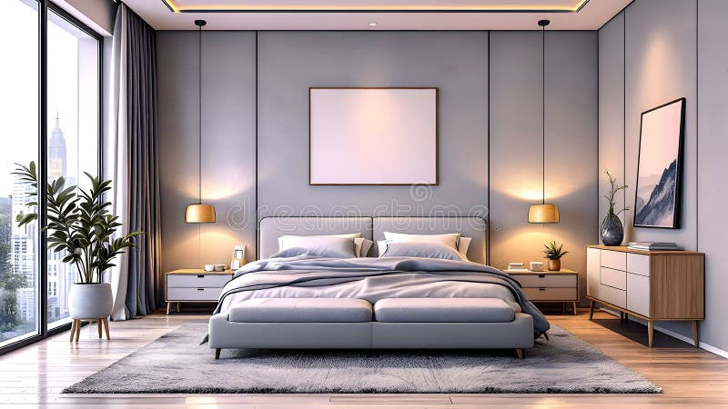 Detailed Design of a Bedroom Interior with Big Bed Stock Illustration ...