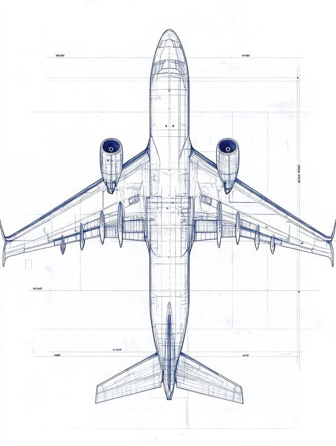 Detailed Design Blueprint of a Commercial Airplane Viewed from Above ...