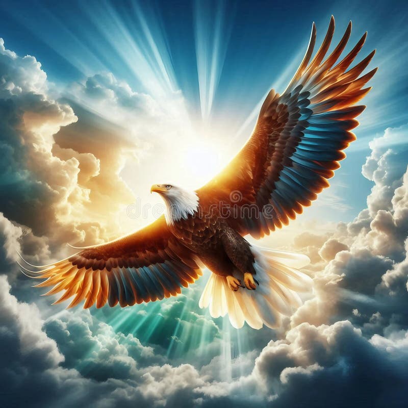 A Detailed Digital Artwork of a Bald Eagle Flying through Clouds with ...