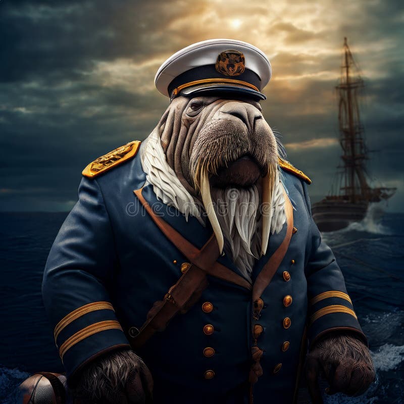 Walrus Sea Captain in Full Naval Uniform Standing on a Ship Deck Stock ...