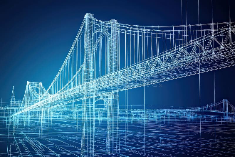 Digital Blueprint of a Suspension Bridge Showcasing Intricate Design ...
