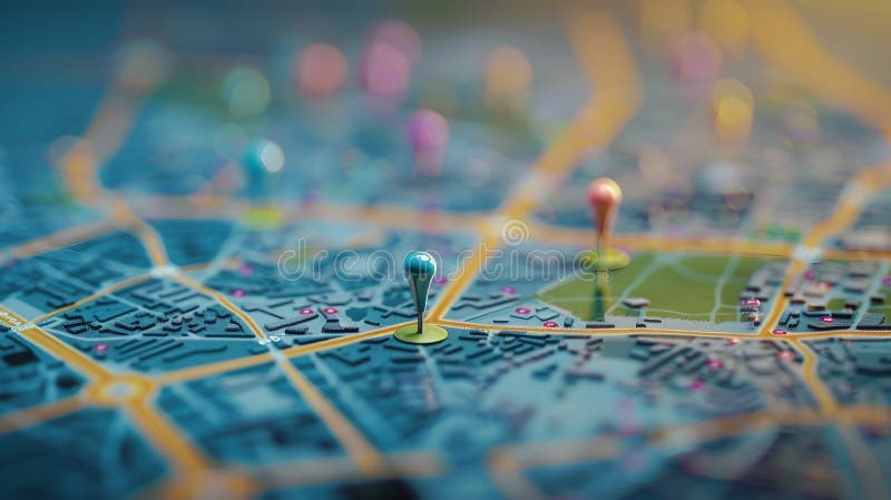 Detailed Digital City Map with Location Pins and Light Trails, Ideal ...