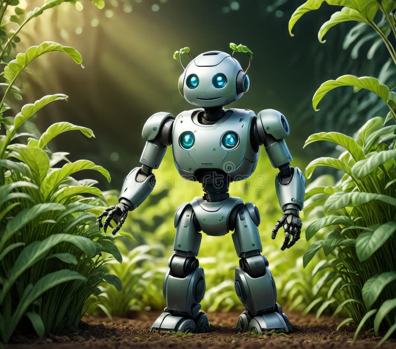 Eco-friendly Robot Exploring a Lush Green Environment Stock ...