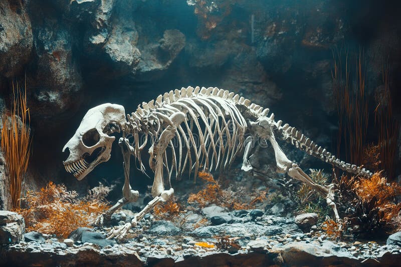 Ancient Animal Skeleton Displayed in Cave Setting Stock Photo - Image ...