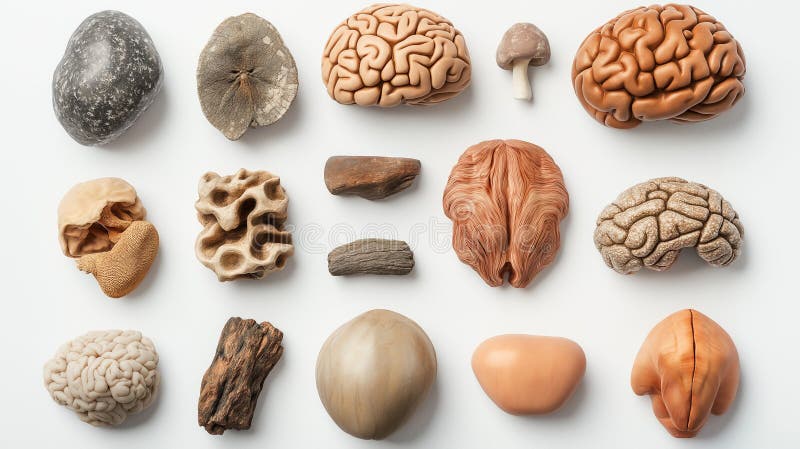 A Detailed Display of Human and Animal Brains, Alongside Stones ...