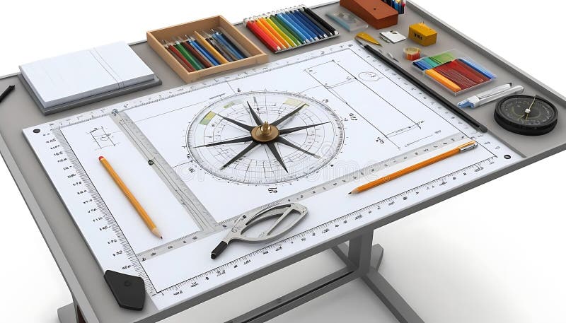 Detailed Drafting Table Setup with Instruments and Design Plans for ...