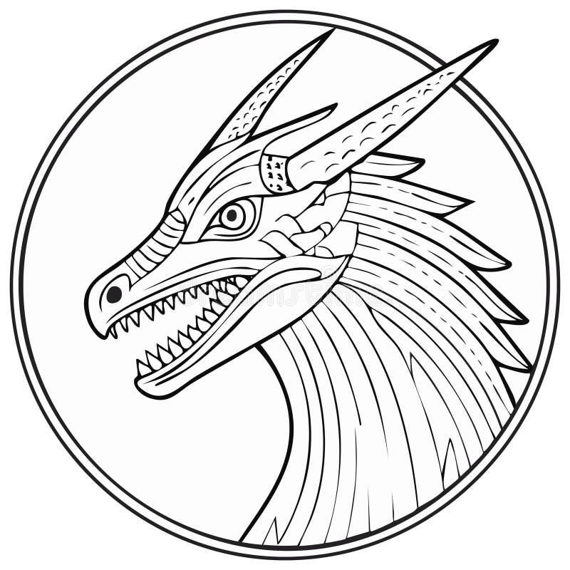Detailed Dragon Head Profile Illustration with Horns and Sharp Teeth in ...