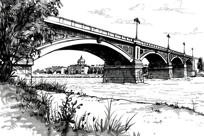 Detailed Drawing of a Bridge Over a River, Suitable for Various Design ...