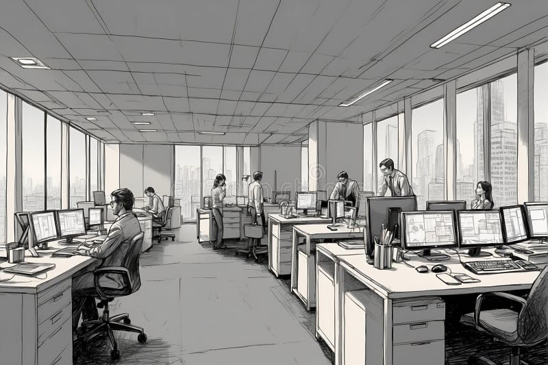 A Drawing of People Working in an Office. Generative AI. Stock Image ...